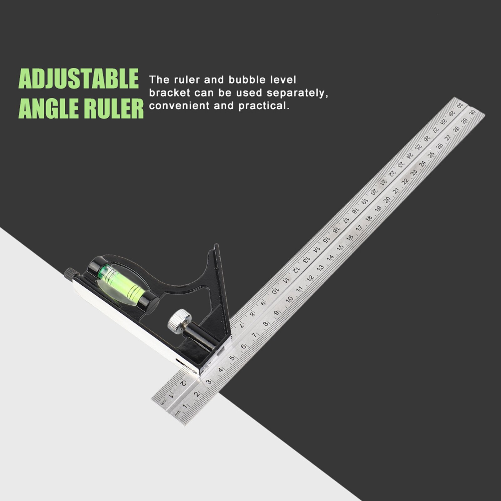 Combination Square Angle Ruler, S 45/90 Degree Adjustable with Bubble Level Marking for Measuring — фото 1