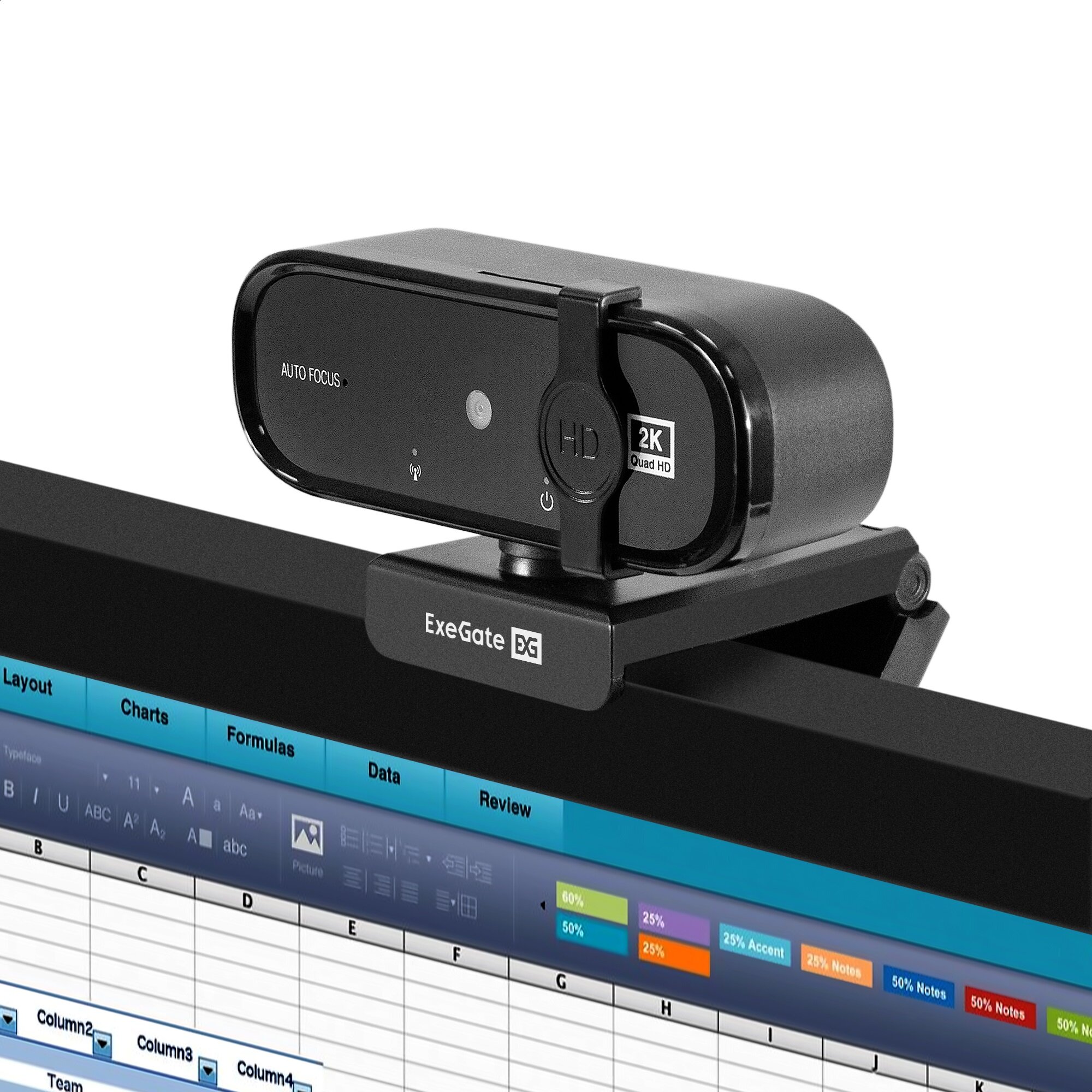 Веб-камера ExeGate Stream C938 2K AF (5Мп, 2560х1440, 1440P, 30fps, автоматический фокус, защитная шторка, 4-линзовый объектив, микрофон с шумоподавлением, универсальное крепление, отверстие под штатив, USB, кабель 1,5 м, черная, RTL) EX299308RUS