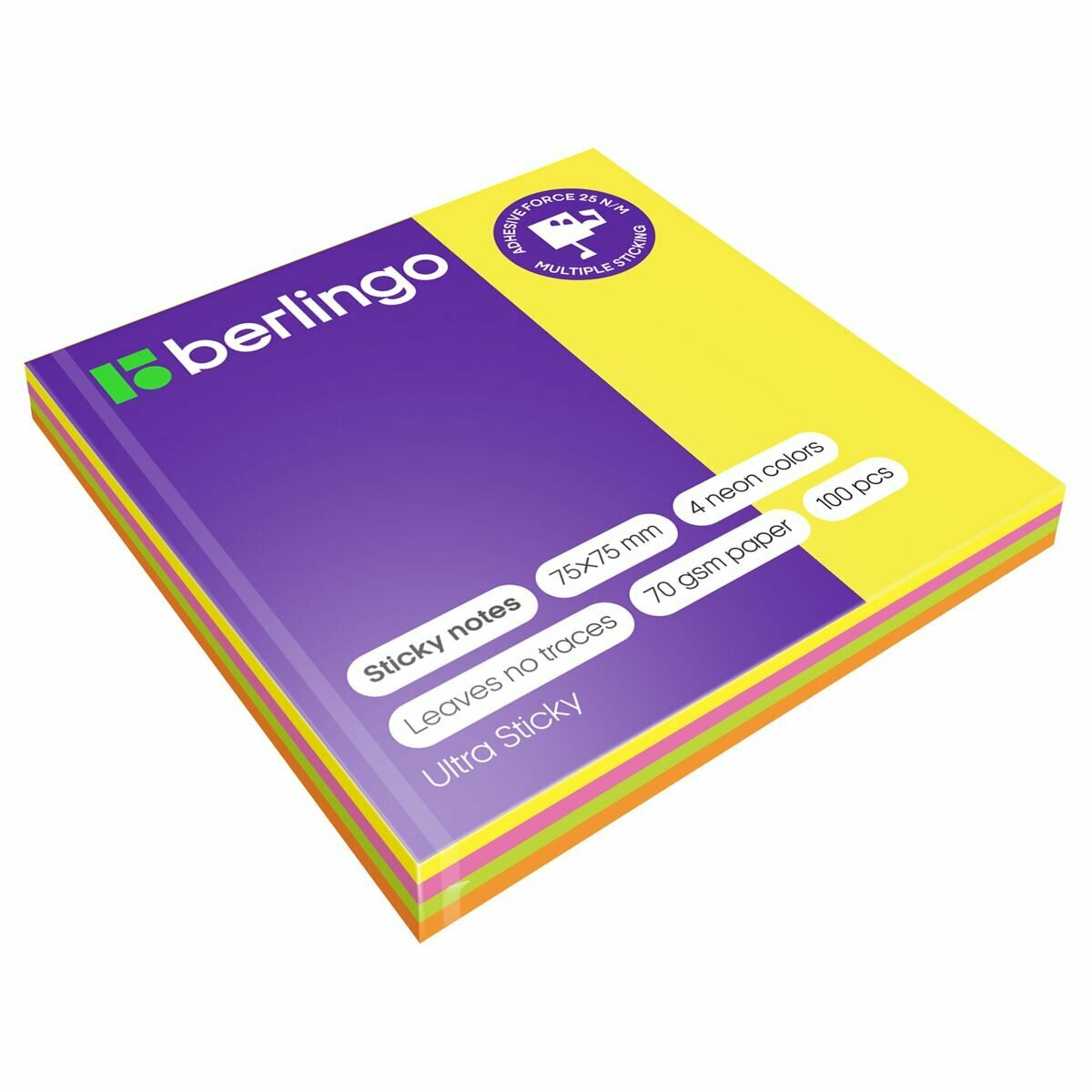 Блок самоклеящийся BERLINGO 75*75мм. "Ultra Sticky" 100л. 4 неон. цвета (LSn_39602)