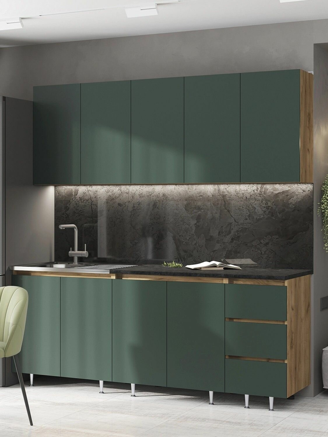 Кухня Челси 2,0м (Изумрудный, Дуб Крафт (Кастилло темный))