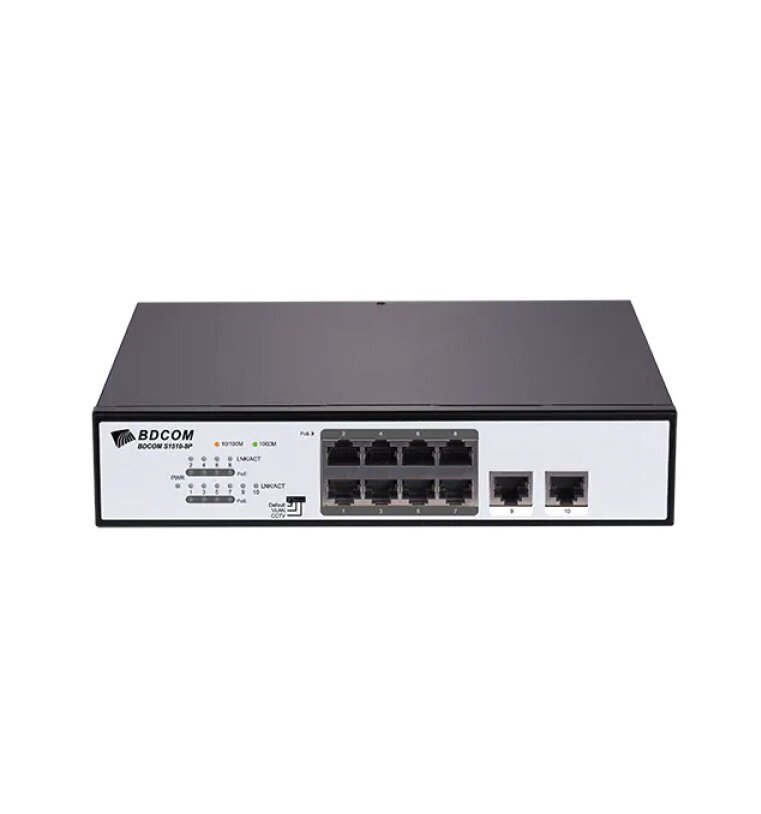 Неуправляемый PoE-коммутатор BDCOM S1510-8P для IP-камер и точек доступа, 8×1G PoE, 2×1G RJ-45, 120 Вт