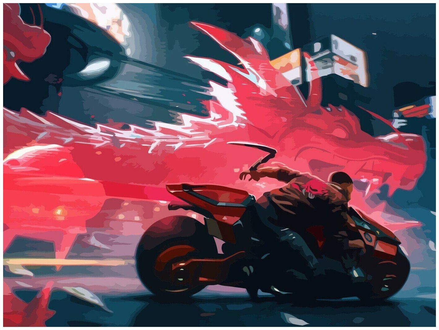 Картина по номерам на холсте киберпанк cyberpunk 2077 дракон погоня на мотоцикле - 2108