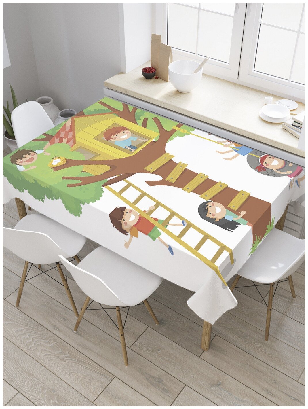 Прямоугольная тканевая скатерть на стол с рисунком "Детский домик на дереве" 145 на 180 см, JoyArty
