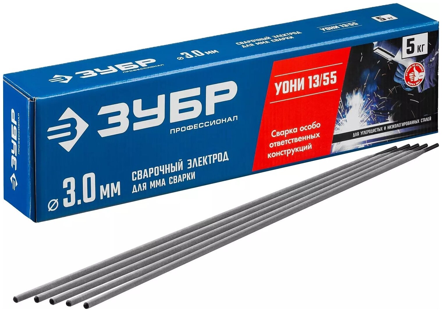 ЗУБР электрод сварочный УОНИ 13/55 с основным покрытием, для ММА сварки, d 3.0 х 350 мм, 5 кг в коробке, Профессионал.