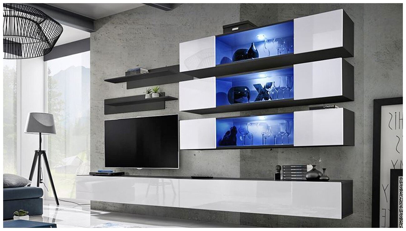 Гостиная 6 Белый Фасадный 0101 / Черный 0190 NEW 320x40x180 см, белый фасадный, черный Фиеста
