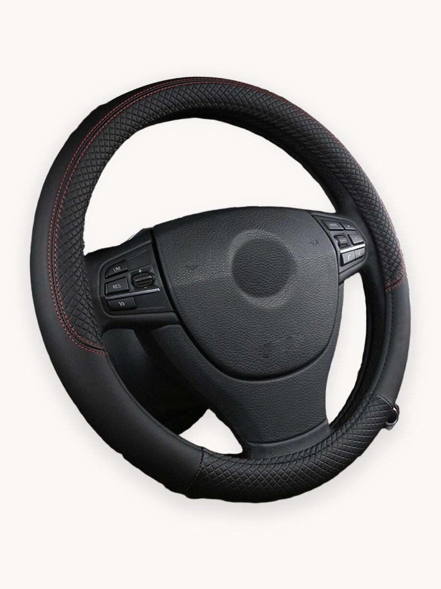 Оплетка на руль, 37-39 см, из экокожи, универсальный чехол на руль, с красной строчкой