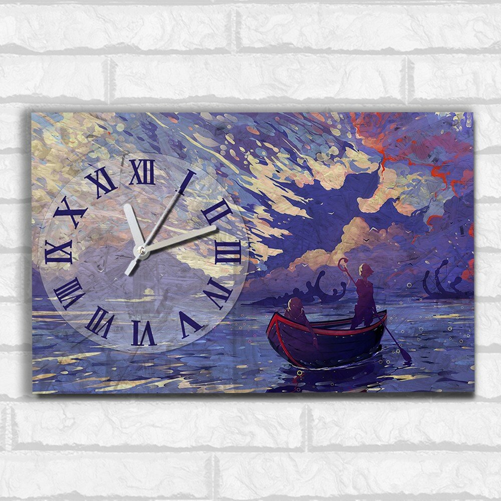 Настенные бесшумные часы ОСБ со смещенным циферблатом Облака небо (ночь, Луна, корабль, милота, Подарок для мамы, бабушки сестры, подруге) - 889