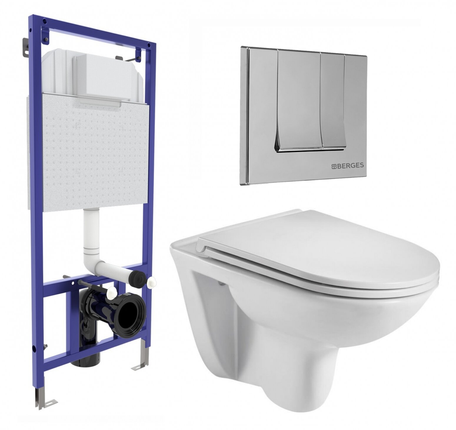 Комплект 3 в 1 инсталляция Berges Wasserhaus Novum 040243 + Подвесной унитаз WeltWasser Baarbach 004 GL-WT + кнопка хром