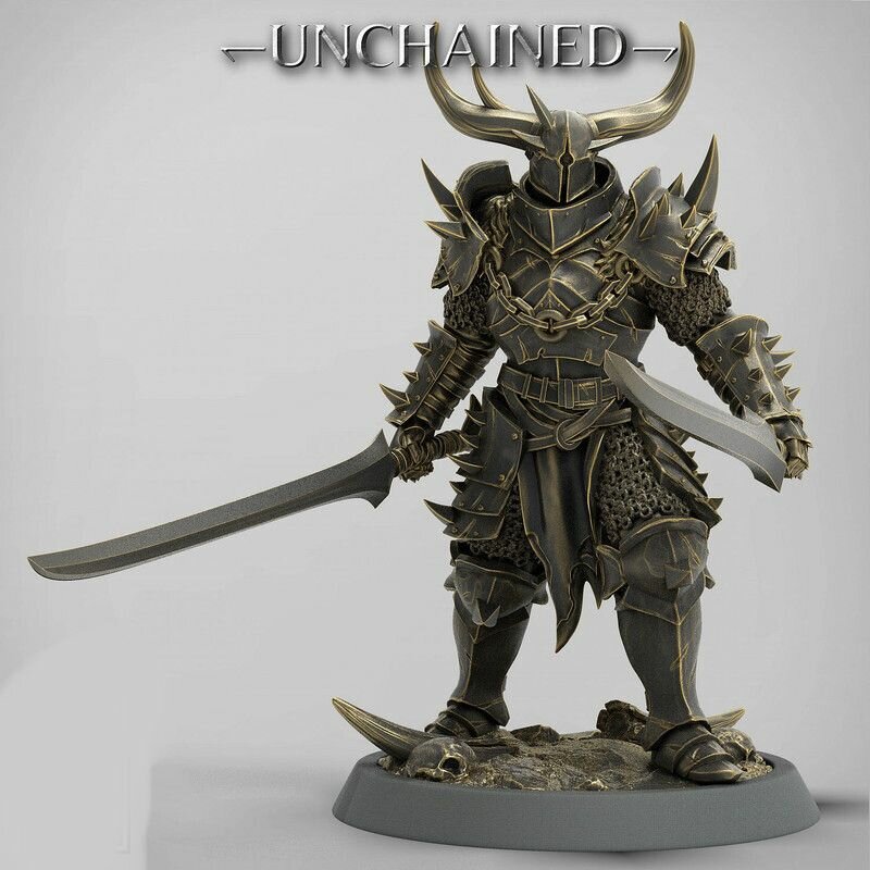 Воин в тяжелой броне с двумя мечами, Chaos Warrior (доп. классы: Паладин, Файтер, Рыцарь) миниатюра для DnD (ДнД) и других Настольных игр( НРИ, Варгеймов или РПГ), фентези тематика