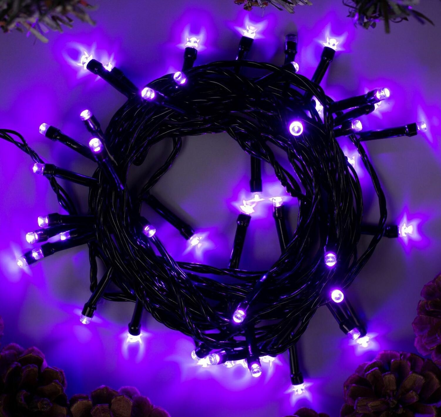 Гирлянда интерьерная светящаяся "Нить" 5 м, IP20, темный шнур, 50 LED, свечение фиолетовое, 8 режимов, работает от сети, 220 В, декоративная новогодняя электрогирлянда