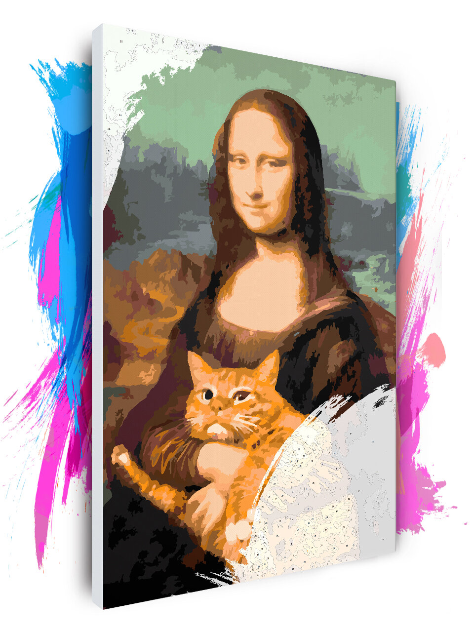 Картина по номерам на холсте Мона Лиза и толстый кот, 100 х 150 см
