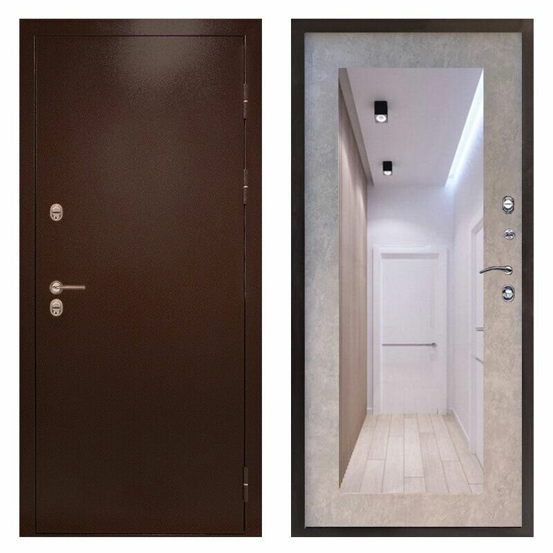 Дверь входная металлическая с терморазрывом Сибирь 3К с зеркалом триумф бетон светлый Paputin's Doors 860 х 2050 мм Правая