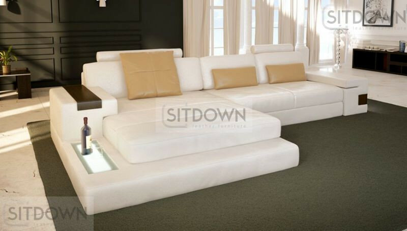 Угловой диван с декоративными вставками из дерева, 350 х 194 см, SITDOWN, "Морфеус", экокожа, белый