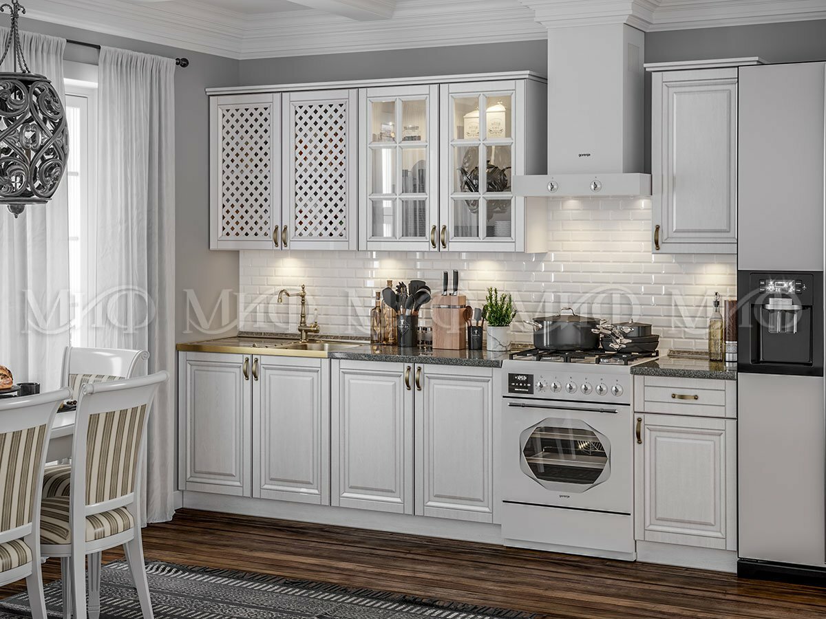 Кухня модульная Миф Престиж 2,0м/900 Компоновка №4 (Решетка) Белый/ Антарес, с высокими шкафами