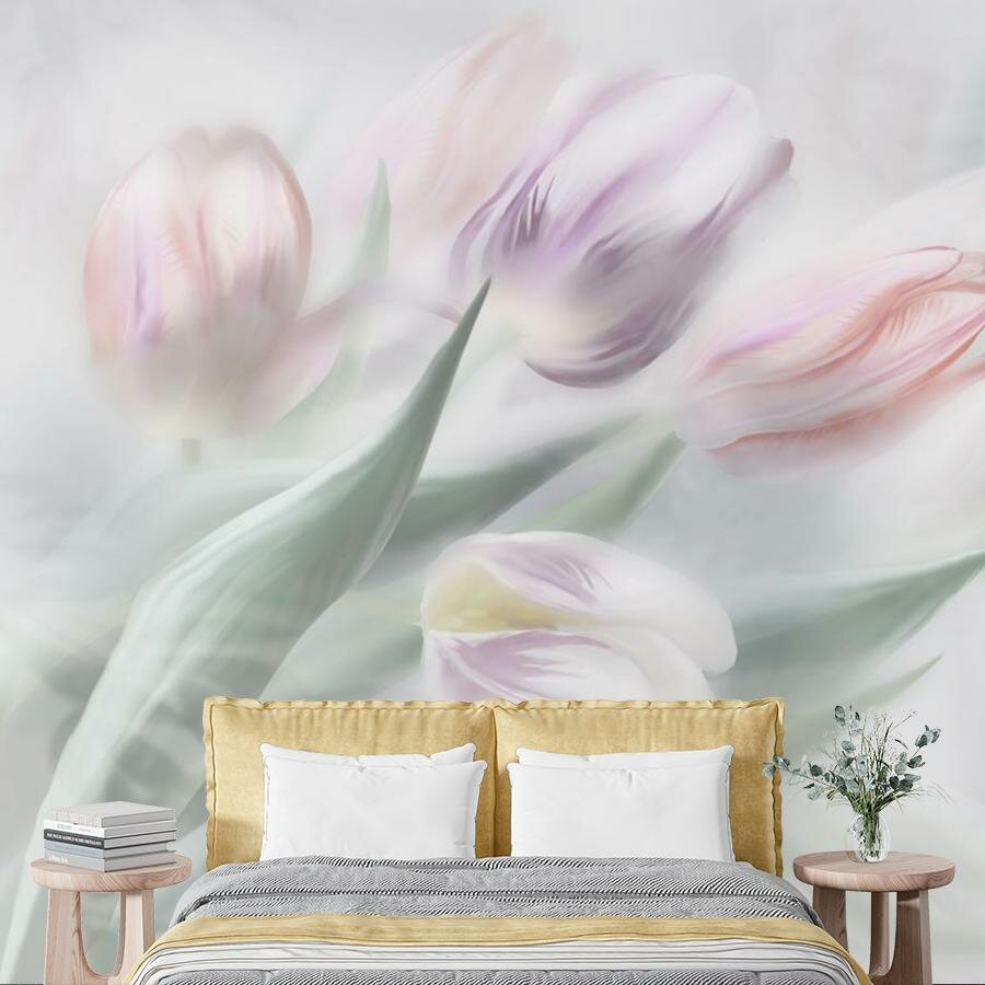 Фотообои Тюльпаны нежная акварель 13-751-M-Флок 270 x 300 см (ВхШ) M, флизелиновые, влагостойкие обои