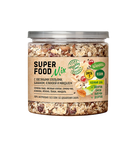Смесь семян SUPER FOOD Mix с овсяными хлопьями, бананом, клюквой, и миндалем /пл. банка с ключом/ 250г