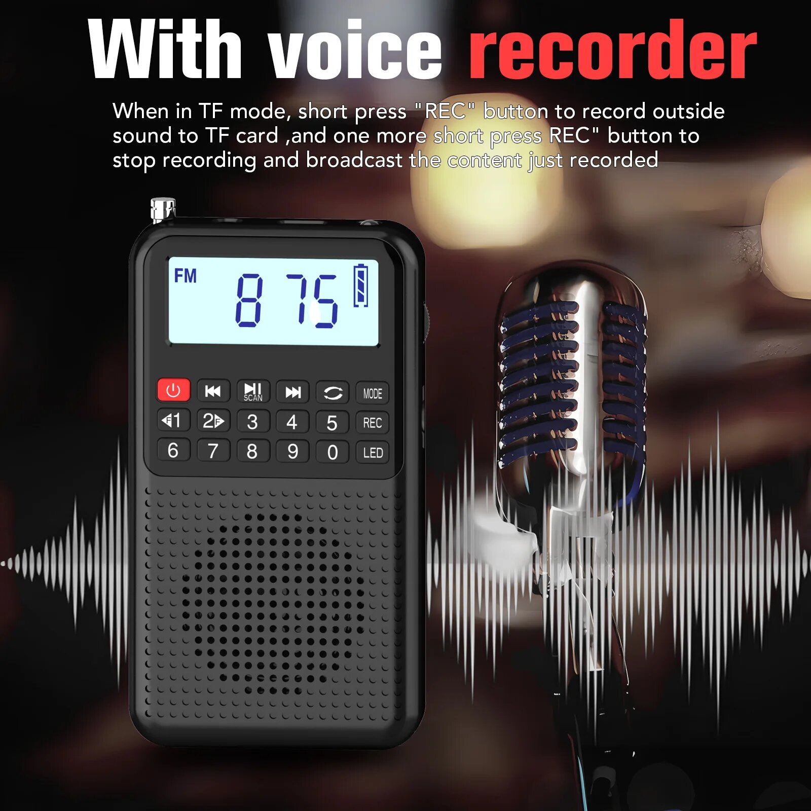 Портативное FM-радио Bluetooth со слотом для TF-карт, диктофоном и светодиодным фонариком для активного отдыха