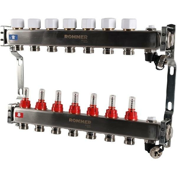 Коллектор из нержавеющей стали с расходомерами ROMMER, с клапаном вып. воздуха и сливом 7 выходов RMS-1201-000007