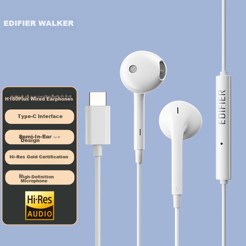 Edifier H180Plus Type-C Wired Headphones, Online Conference Headphones, Hi-Res Gold Certification, Compatible with Huawei, Xiaomi, OPPO Phones, White