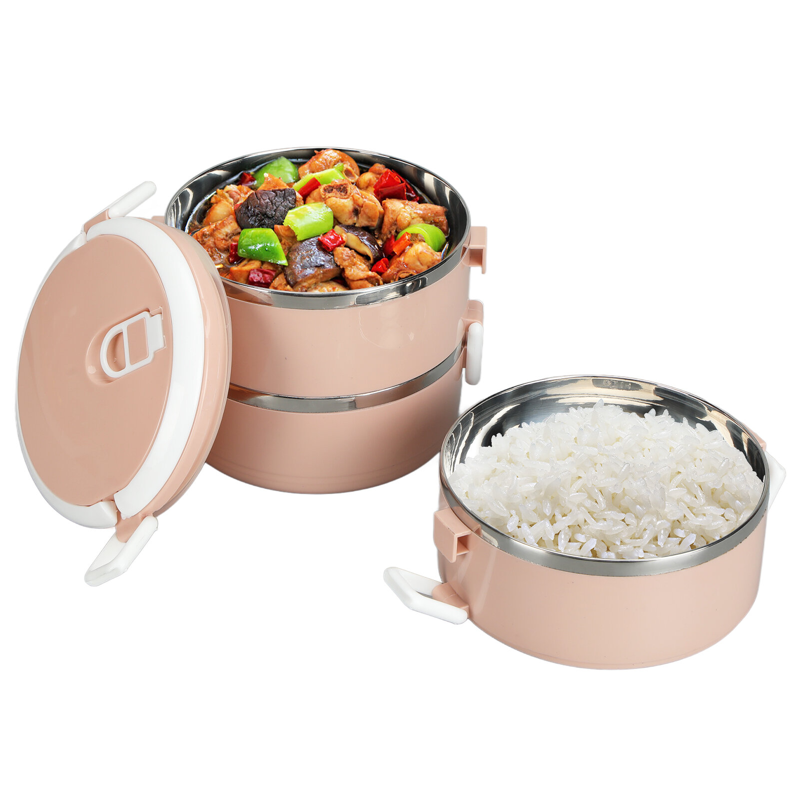 Портативный ланч-бокс Bento из нержавеющей стали 304, термоцилиндр, контейнер для ланча, контейнеры для хранения продуктов питания для школы, офиса, на открытом воздухе, три слоя, скандинавский розовый цвет