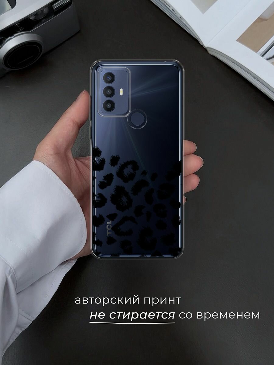 Чехол на TCL 30E/30 SE/305/306 / ТСЛ 30E с принтом "Окрас леопарда фон черный", прозрачный — фото 1