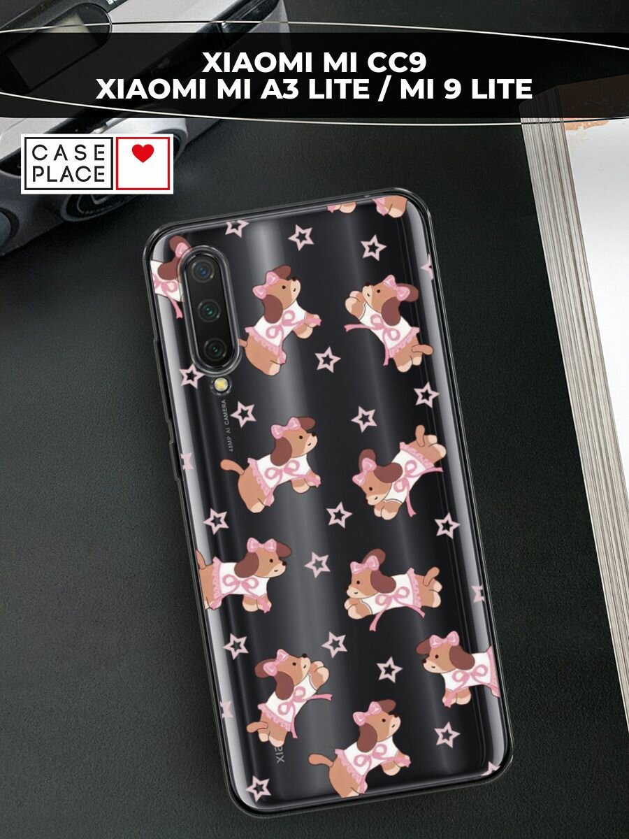 Чехол на Xiaomi Mi CC9/A3 Lite/9 Lite / Сяоми Mi CC9/A3 Lite/9 Lite с принтом "Милый щенок с бантиком", прозрачный