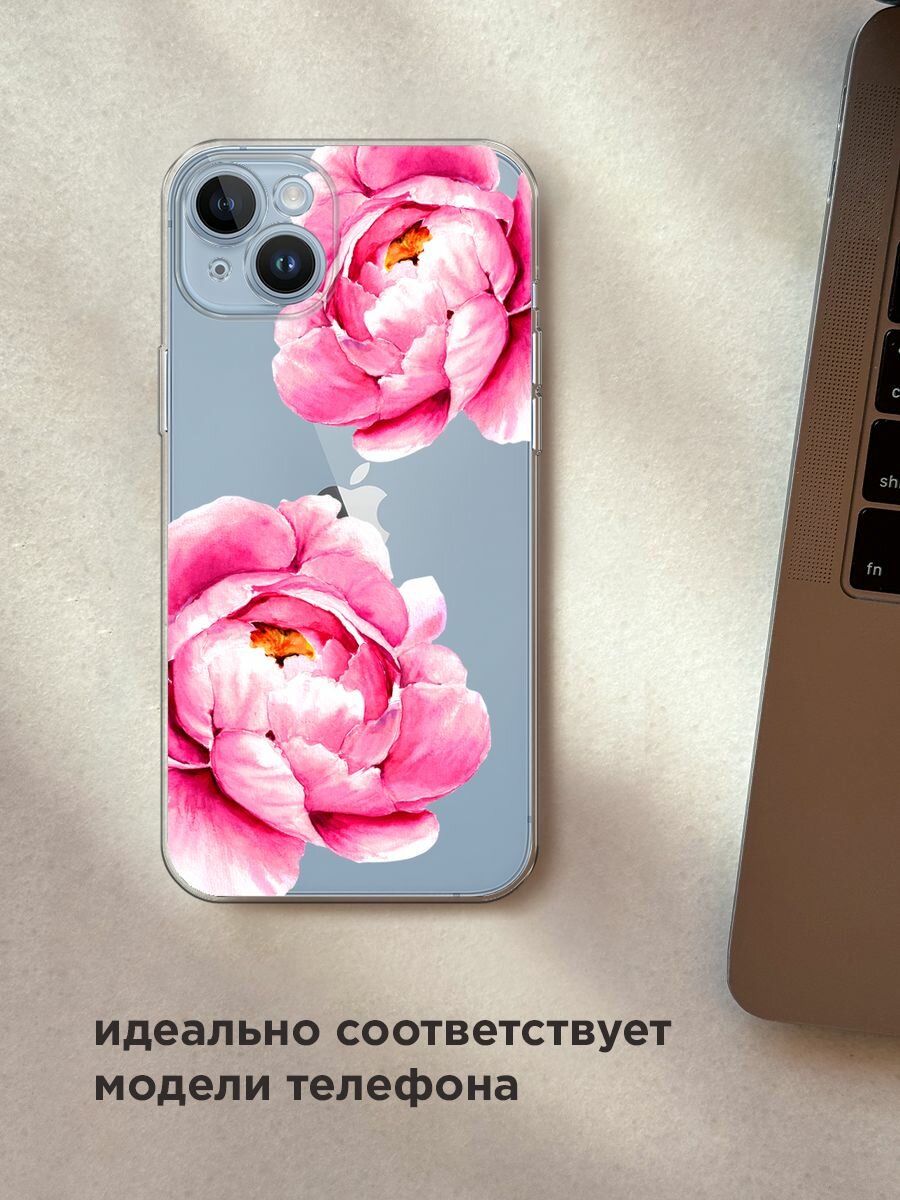 Чехол на Apple iPhone 14 / Айфон 14 с принтом "Open peonies", прозрачный — фото 1