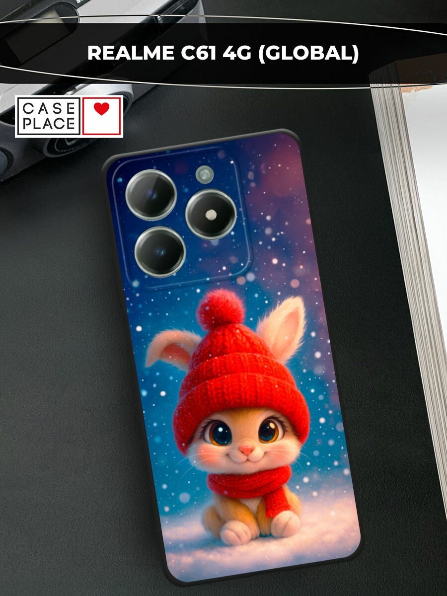 Черный матовый чехол на Realme C61 4G (Global) / Реалми C61 4G с принтом "Зимний зайчик"