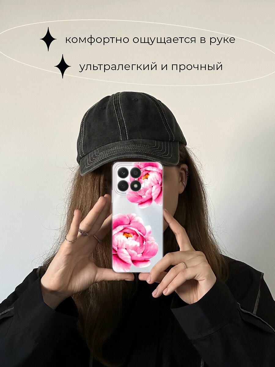 Чехол на Honor X8A / Хонор X8A с принтом "Open peonies", прозрачный — фото 1
