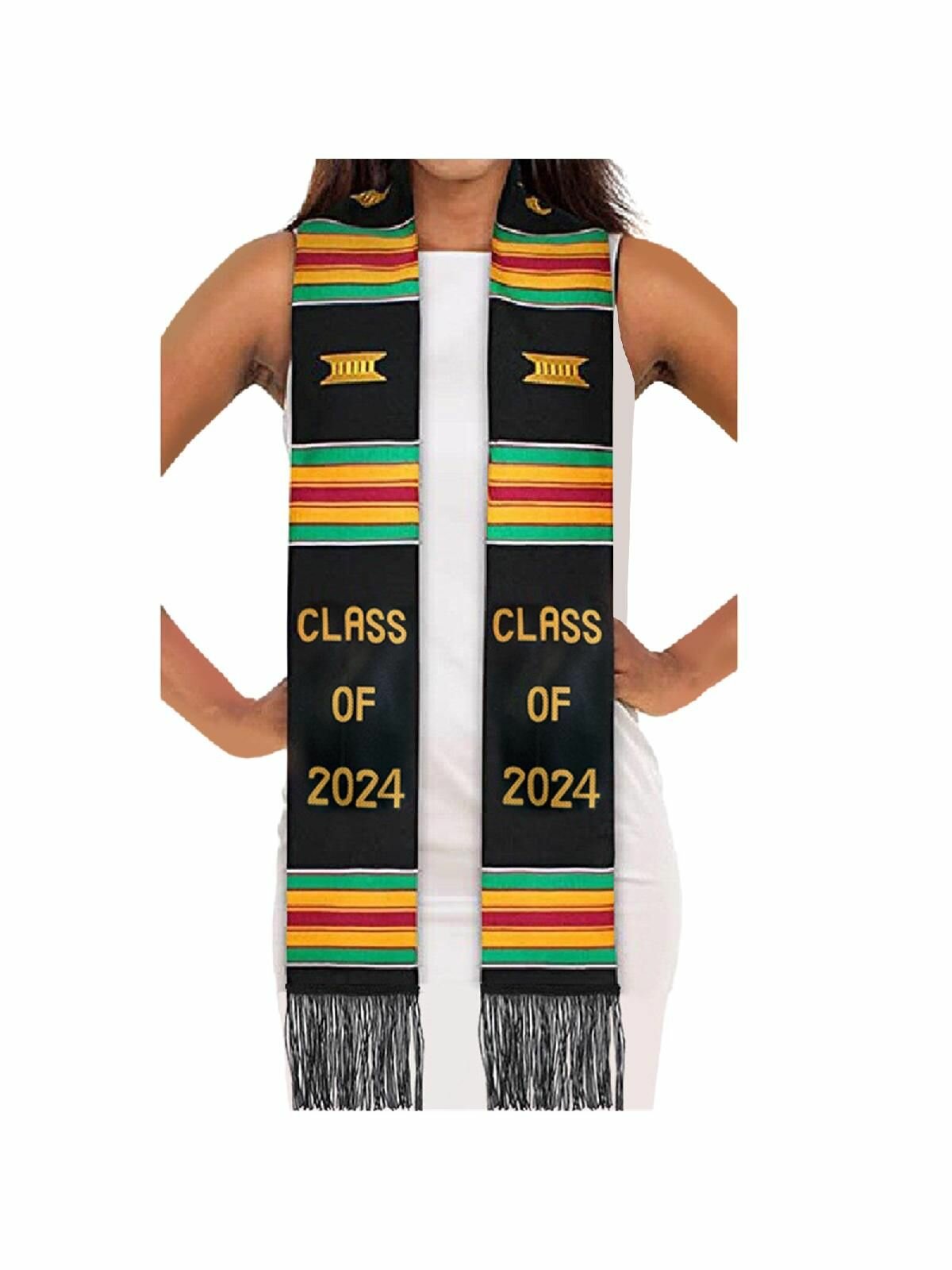 Черная лента выпускника 2024 года с кисточками для фото, - модель 2024 года