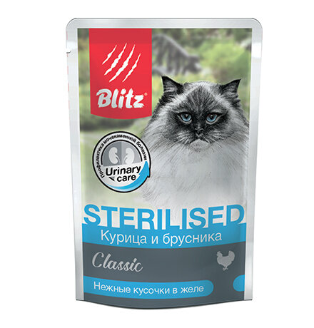 Паучи Блиц для Стерилизованных кошек Курица с Брусникой в желе (цена за упаковку) 85г х 24шт