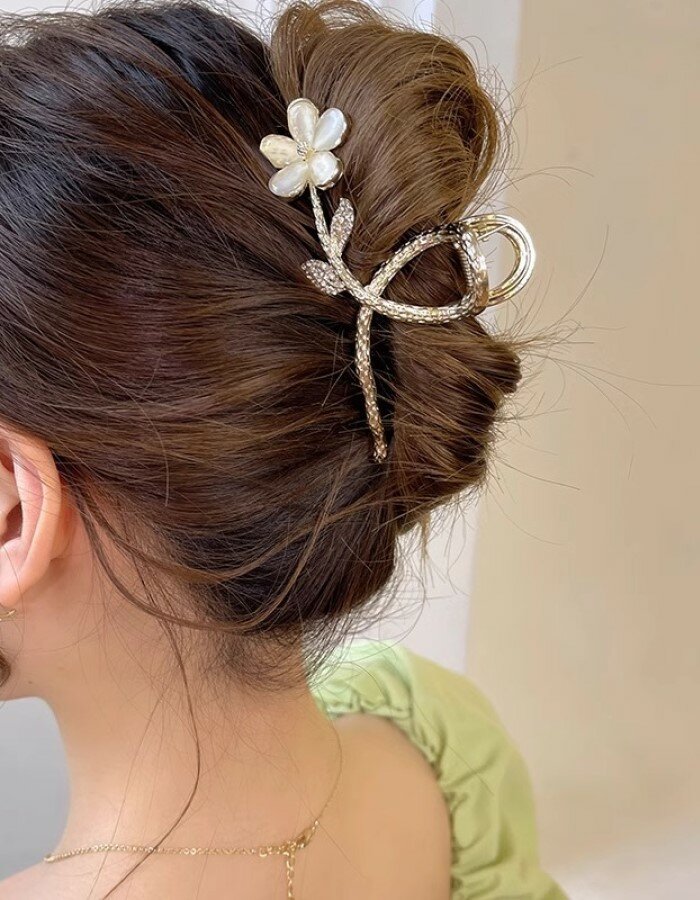 Заколка для волос, металлический крабик, золотого цвета, декорирован цветком