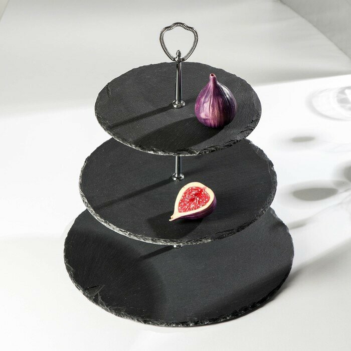 Блюдо из сланца Magistro Valley, 3-ярусное, d 30/25/20x36 см, посуда из натурального камня