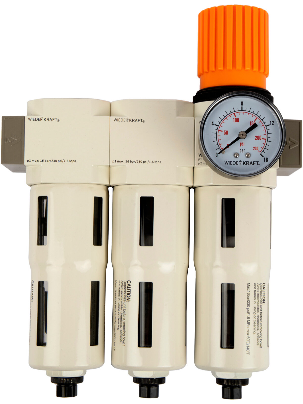 Блок подготовки воздуха 1/2", 16 Бар. трехступенчатый с влагоотделителем 25-5-0,3 мкм, автоматический сброс WDK-70740FA