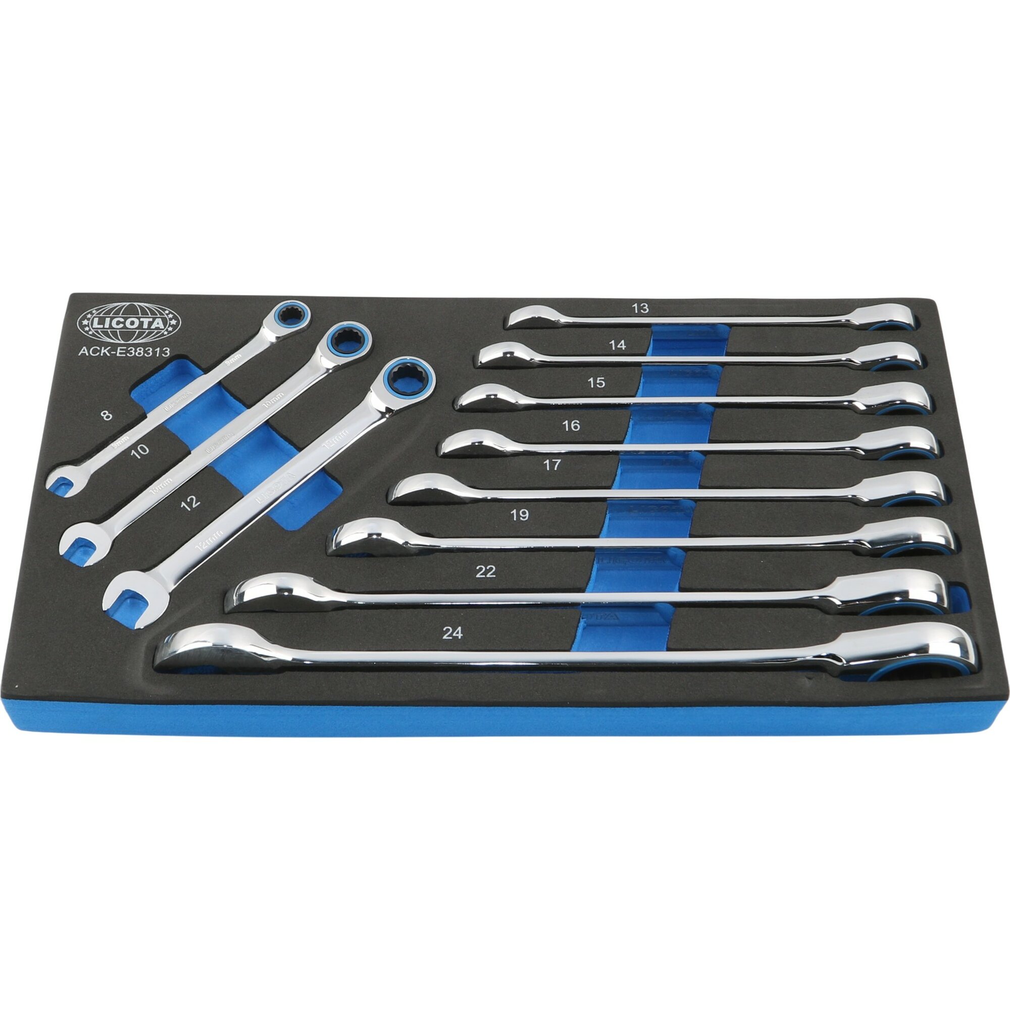 Licota ACK-E38313 Набор ключей комбинированных трещоточных, 11 пр, 8 - 24 мм, в ложементе EVA