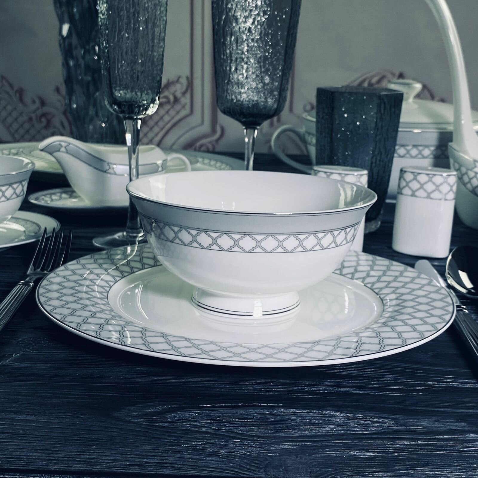 Салатник Lenardi версаль серебро 15 см, костяной фарфор, 1 шт глубокая тарелка для сервировки стола, блюдо