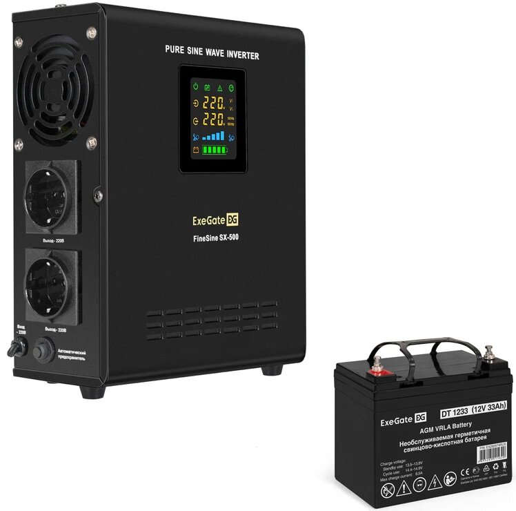 ИБП + батарея ExeGate FineSine SX-500. LCD. AVR.2SH + DT 1233 (33Ач) (EX296495RUS)