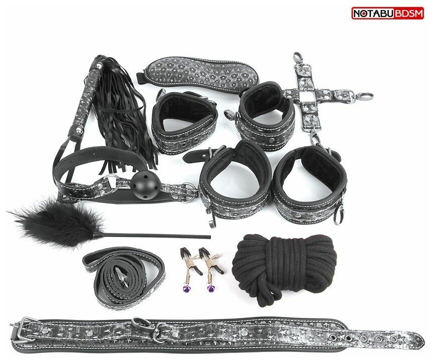 Чёрно-серебристый набор БДСМ, Bior toys, искусственная кожа, черный с серебристым