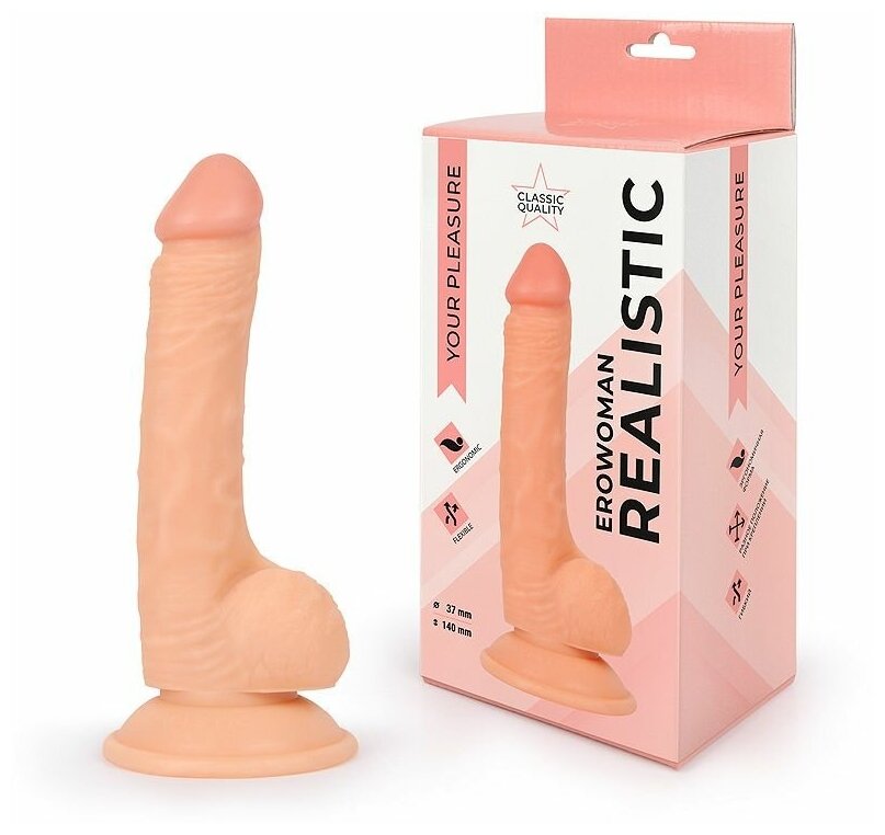 Реалистичный телесный фаллоимитатор Erowoman - 19,5 см, телесный, Для женщин, поливинилхлорид (ПВХ, PVC), 19,5, 3,7