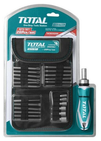Отвертка реверсивная с набором бит 26 шт. в чехле, TOTAL