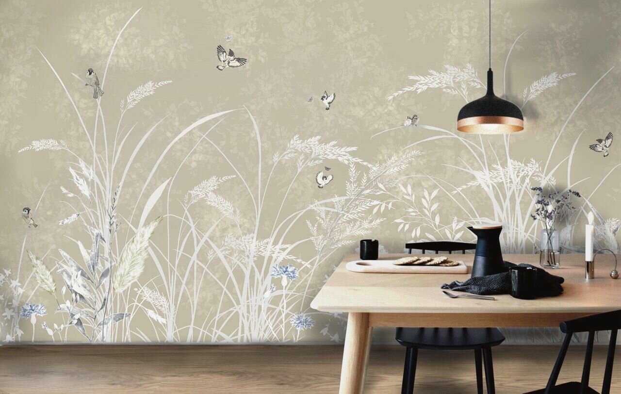 Фреска бесшовная Летний сад воробьи светло-бежевый текстура листья (ширина 2750мм х длина 2000мм)
