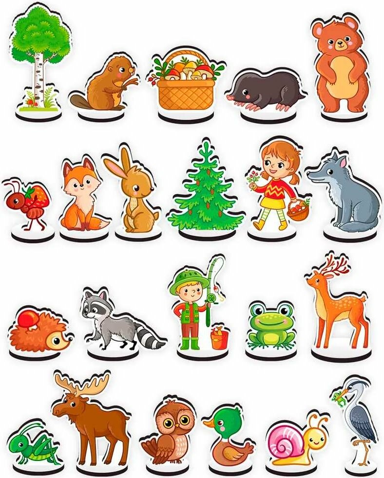 Деревянный игровой набор "В лесу", 22 фигурки животных на подставках, обучающее дидактическое пособие для детей, набор для сюжетно-ролевой игры и кукольного театра