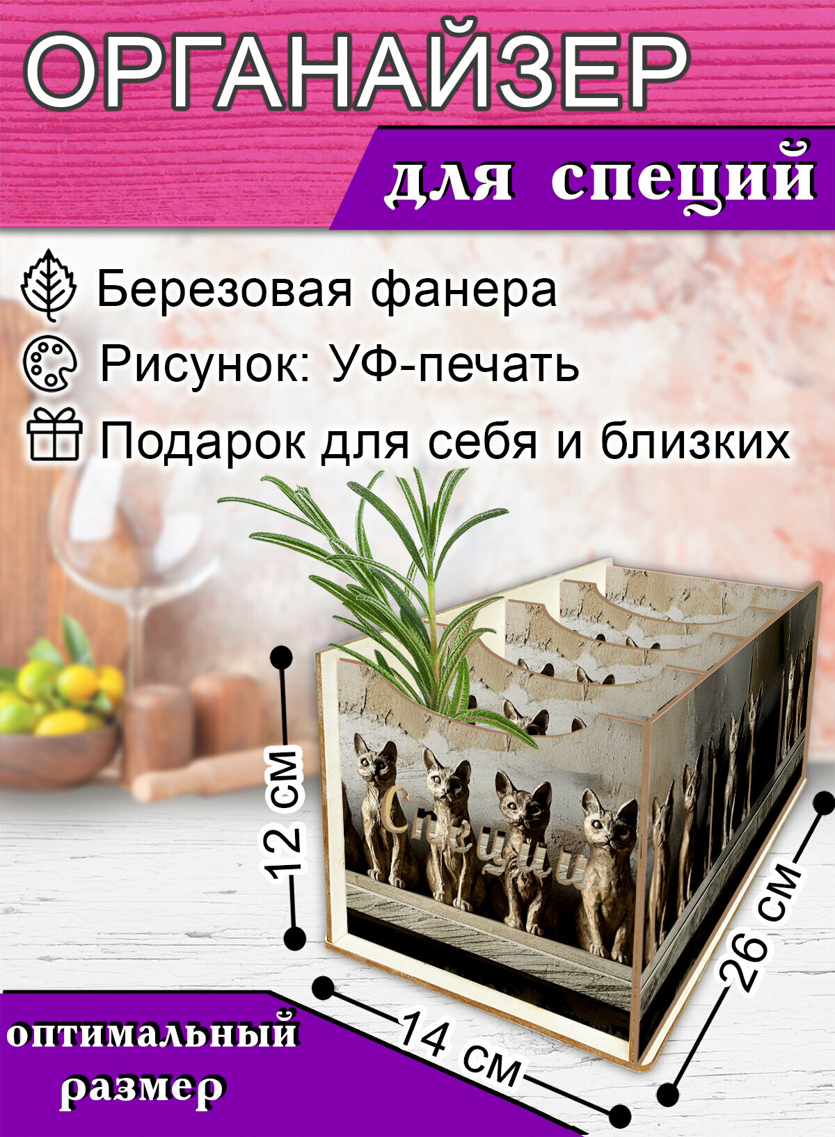 Органайзер для специй "Кошки", 4 отсека, 12х14х26 см