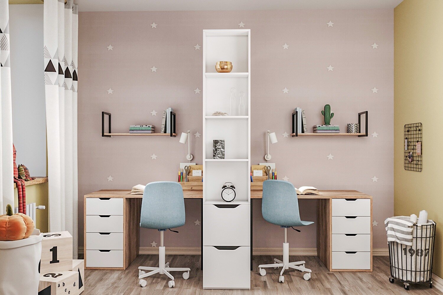 Уголок для 2 школьников (столы Соло + стеллаж для зонирования + полки)