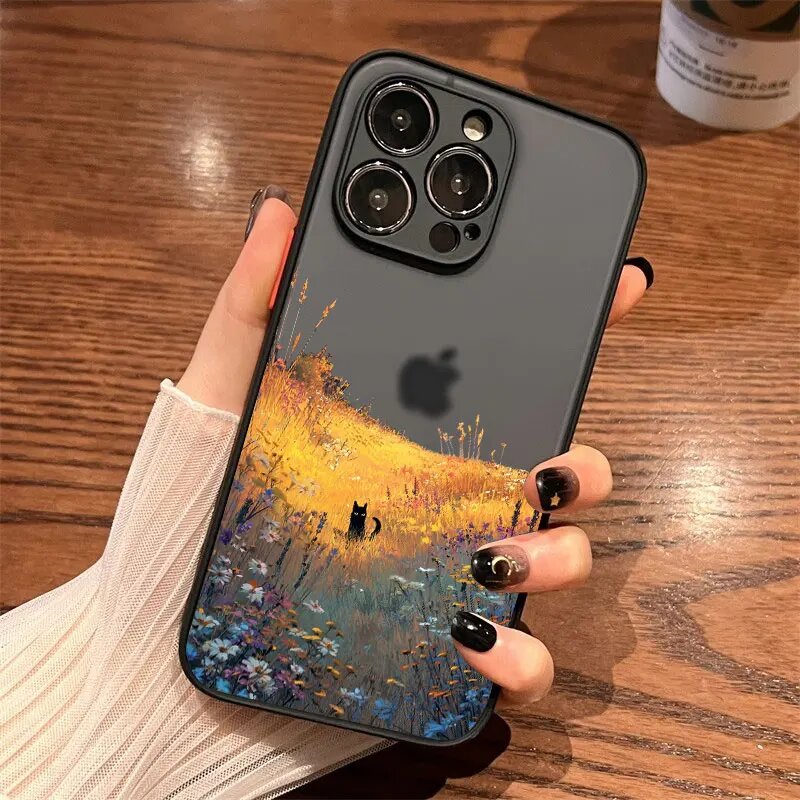 Чехол для телефона с черным котом и пейзажем для iPhone 16 17 Pro Max 15 14 Pro Max Plus 13 12 Mini 11 Pro Max, противоударные задние чехлы с рисунком из мультфильма