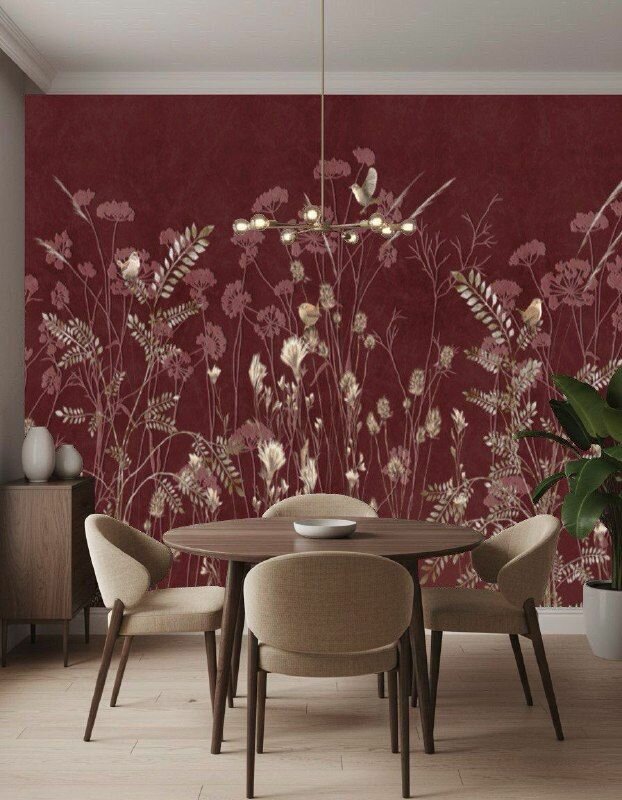 Обои бесшовные "Птички крапивники" бордовый №2 (ширина 2750мм х длина 5500мм)