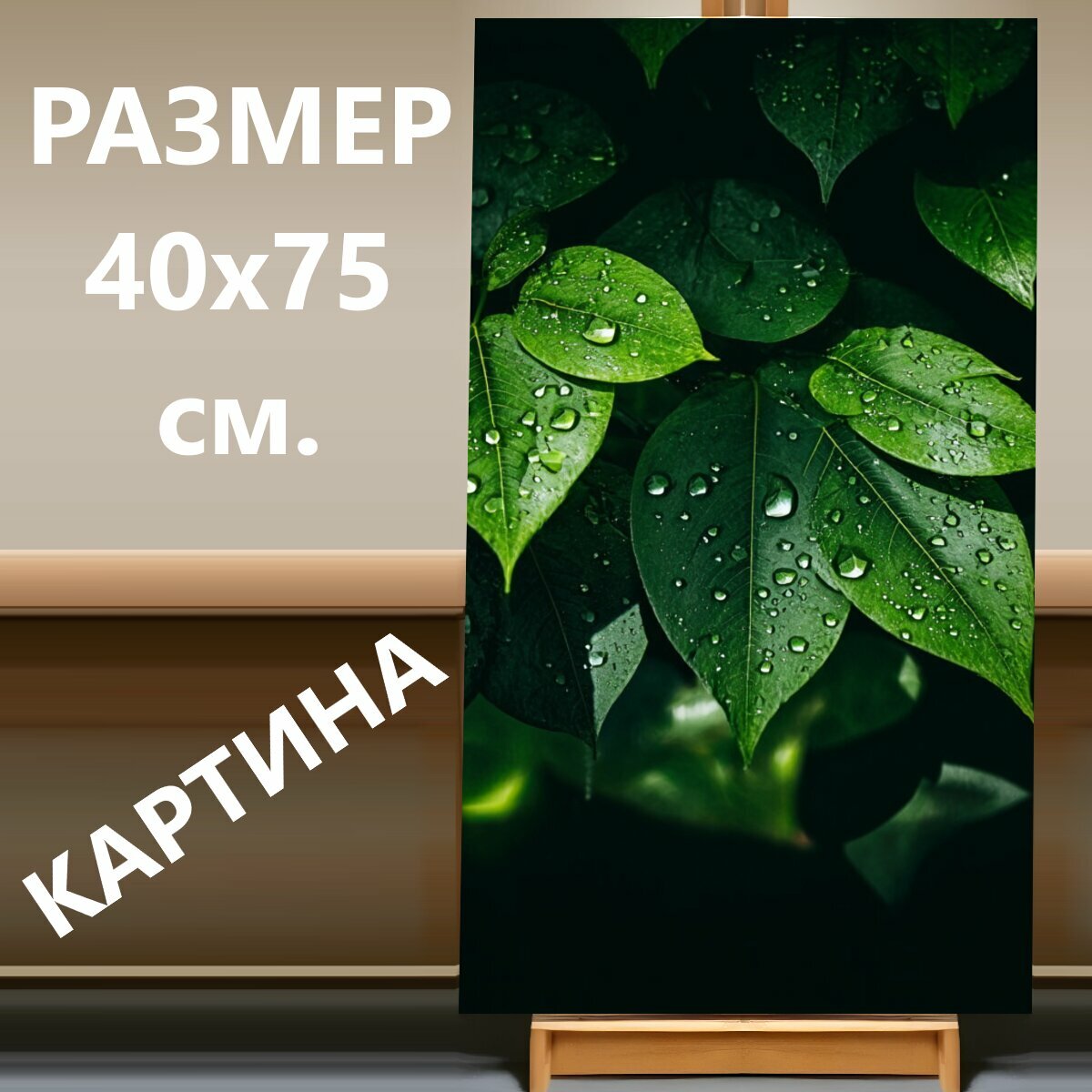 Картина на холсте "Листья темно-зеленого цвета с каплями воды на поверхности, крупный план, натуральный фон, тени и текстуры листьев." на подрамнике 75х40 см. для интерьера