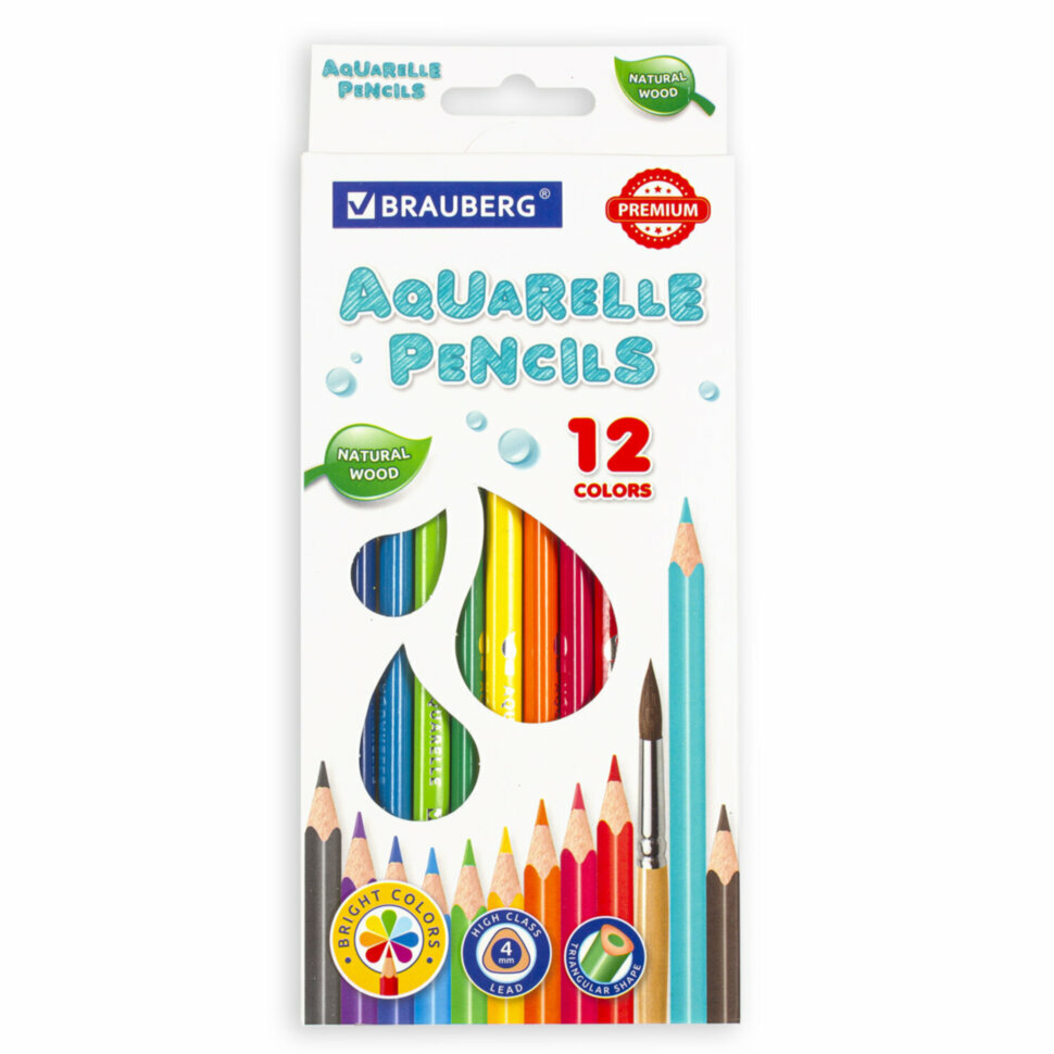 Карандаши цветные акварельные BRAUBERG PREMIUM AQUARELLE, 12 цветов, трехгранные, утолщенный грифель 4 мм, натуральное дерево, 181671, 181671