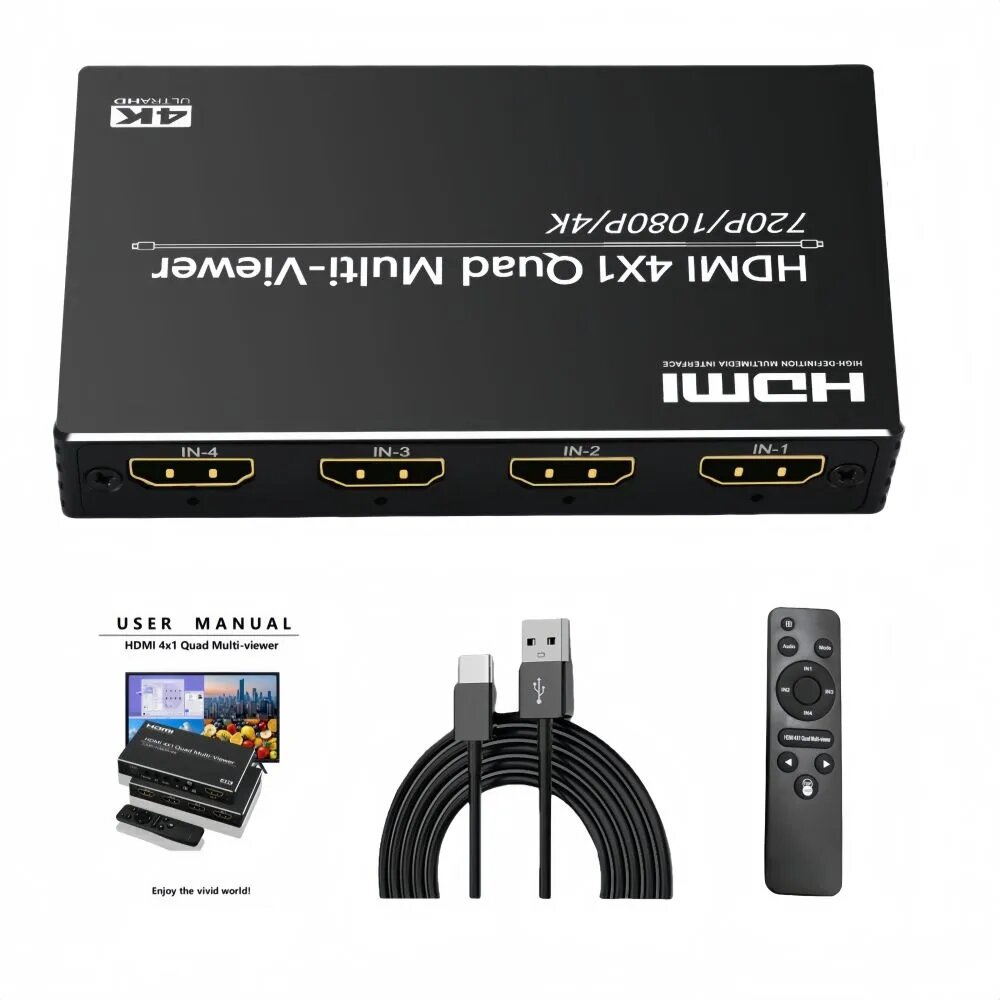 HDMI-коммутатор 4 в 1 с четырехэкранным мультивизором с четырьмя экранами, адаптер 4K30Hz 1080P 720P