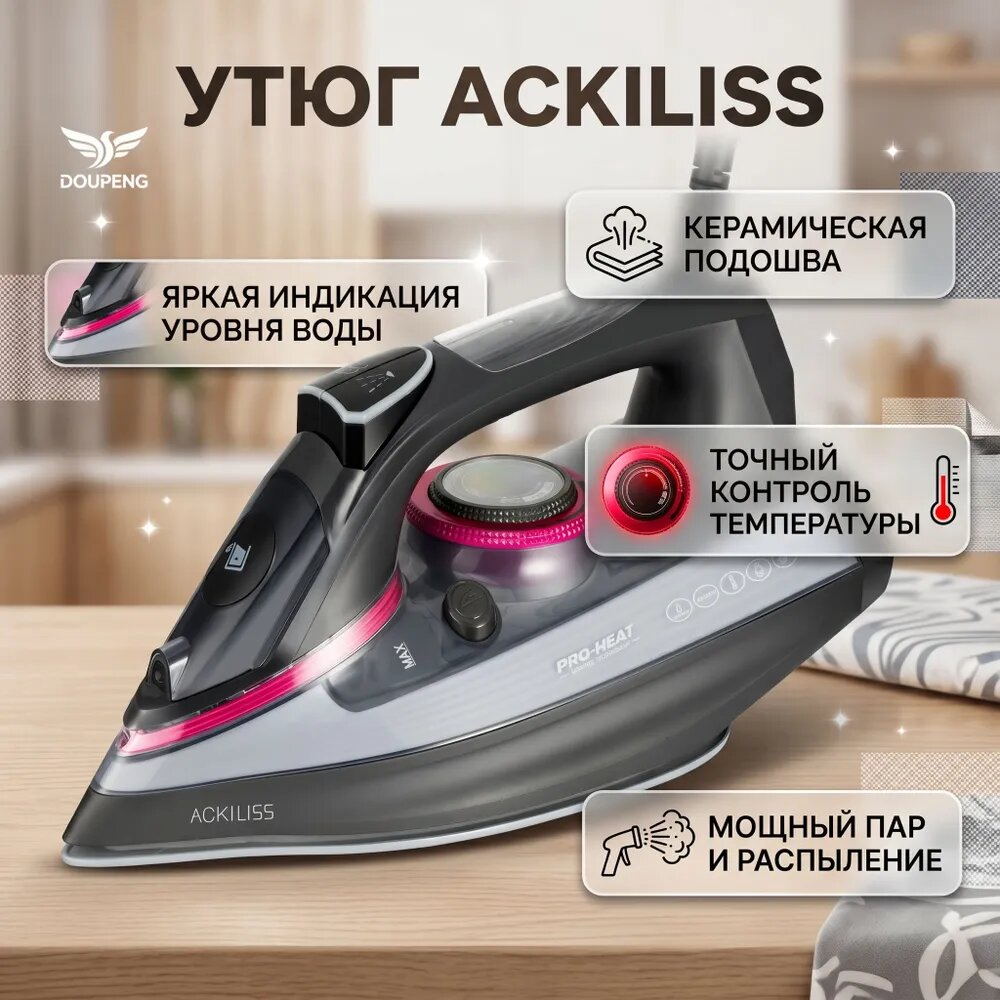 Утюг для одежды с отпаривателем для дома с функцией вертикальной глажки, паровой утюг отпариватель MONTERI SafeSmooth L4, мощный - 3200 Вт, с антипригарным покрытием и автоматическим отключением